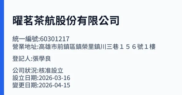 曜茗茶航股份有限公司的照片-統編 60301217(高雄市) 公司登記資料與營業項目詳細圖表