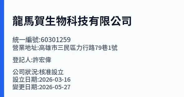 龍馬賀生物科技有限公司的照片-統編 60301259(高雄市) 公司登記資料與營業項目詳細圖表