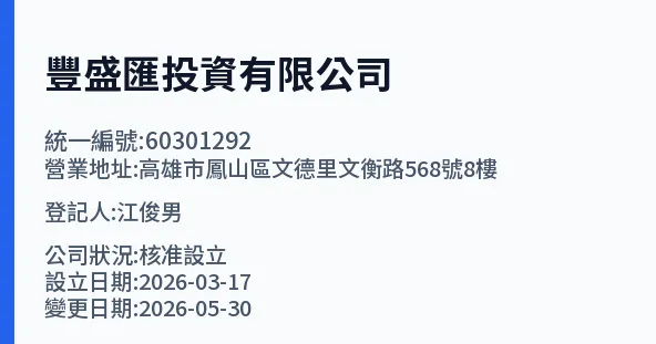 豐盛匯投資有限公司的照片-統編 60301292(高雄市) 公司登記資料與營業項目詳細圖表