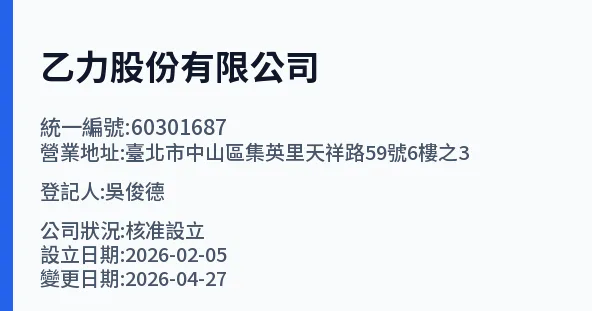 乙力股份有限公司的照片-統編 60301687(臺北市) 公司登記資料與營業項目詳細圖表