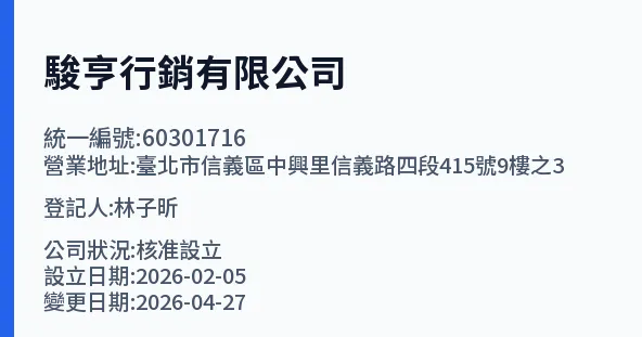 駿亨行銷有限公司的照片-統編 60301716(臺北市) 公司登記資料與營業項目詳細圖表