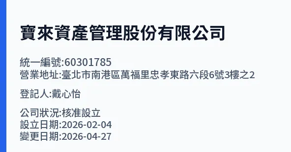 寶來資產管理股份有限公司的照片-統編 60301785(臺北市) 公司登記資料與營業項目詳細圖表