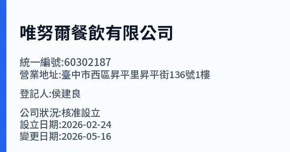 唯努爾餐飲有限公司的照片-統編 60302187(臺中市) 公司登記資料與營業項目詳細圖表