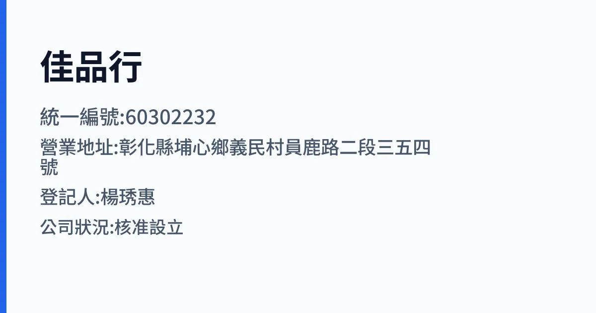 佳品行 - 統編 60302232(彰化縣) 公司登記資料與營業項目詳細圖表