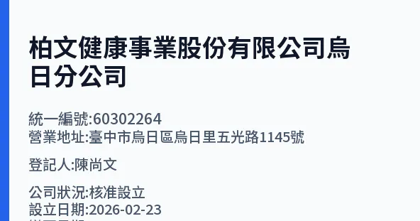 柏文健康事業股份有限公司烏日分公司的照片-統編 60302264(臺中市) 公司登記資料與營業項目詳細圖表