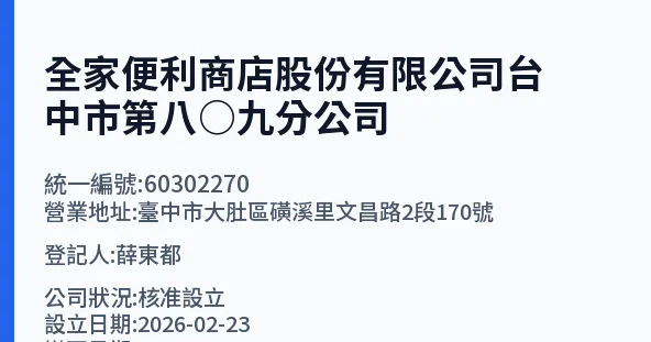 全家便利商店股份有限公司台中市第八○九分公司的照片-統編 60302270(臺中市) 公司登記資料與營業項目詳細圖表