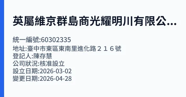 英屬維京群島商光耀明川有限公司台灣分公司的照片-統編 60302335(臺中市) 公司登記資料與營業項目詳細圖表