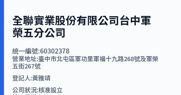 全聯實業股份有限公司台中軍榮五分公司的照片-統編 60302378(臺中市) 公司登記資料與營業項目詳細圖表