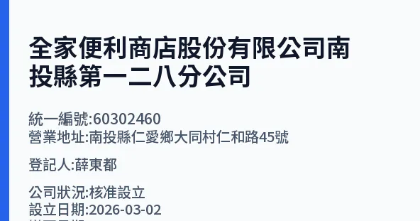 全家便利商店股份有限公司南投縣第一二八分公司的照片-統編 60302460(南投縣) 公司登記資料與營業項目詳細圖表