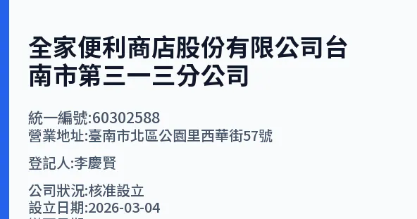 全家便利商店股份有限公司台南市第三一三分公司的照片-統編 60302588(臺南市) 公司登記資料與營業項目詳細圖表