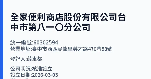 全家便利商店股份有限公司台中市第八一〇分公司的照片-統編 60302594(臺中市) 公司登記資料與營業項目詳細圖表