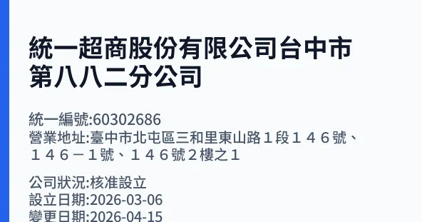 統一超商股份有限公司台中市第八八二分公司的照片-統編 60302686(臺中市) 公司登記資料與營業項目詳細圖表