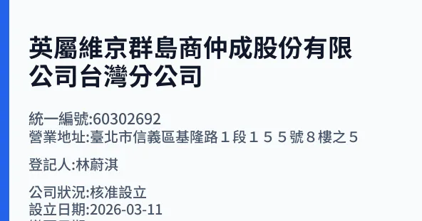 英屬維京群島商仲成股份有限公司台灣分公司的照片-統編 60302692(臺北市) 公司登記資料與營業項目詳細圖表