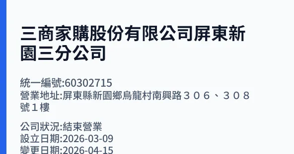 三商家購股份有限公司屏東新園三分公司的照片-統編 60302715(屏東縣) 公司登記資料與營業項目詳細圖表