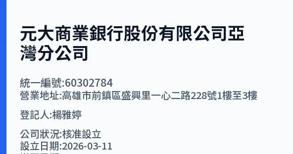 元大商業銀行股份有限公司亞灣分公司的照片-統編 60302784(高雄市) 公司登記資料與營業項目詳細圖表