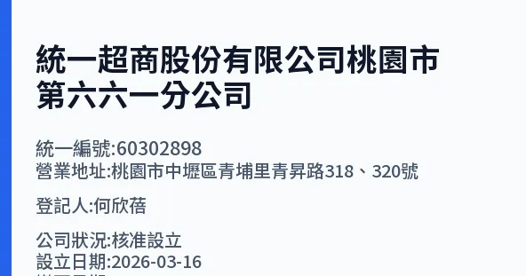 統一超商股份有限公司桃園市第六六一分公司的照片-統編 60302898(桃園市) 公司登記資料與營業項目詳細圖表