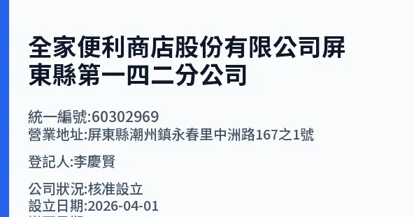 全家便利商店股份有限公司屏東縣第一四二分公司的照片-統編 60302969(屏東縣) 公司登記資料與營業項目詳細圖表