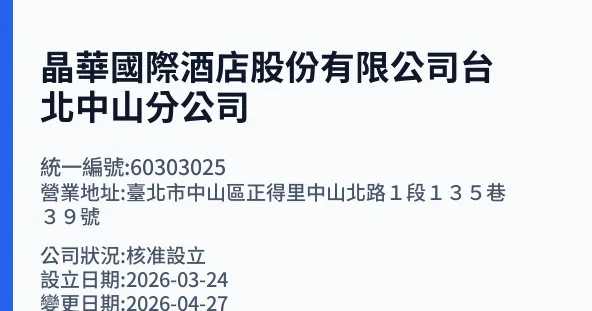 晶華國際酒店股份有限公司台北中山分公司的照片-統編 60303025(臺北市) 公司登記資料與營業項目詳細圖表
