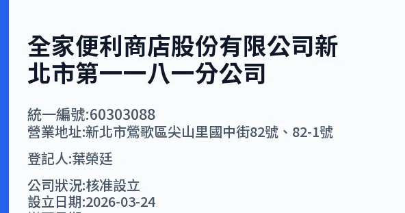 全家便利商店股份有限公司新北市第一一八一分公司的照片-統編 60303088(新北市) 公司登記資料與營業項目詳細圖表