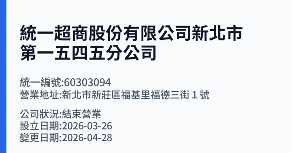 統一超商股份有限公司新北市第一五四五分公司的照片-統編 60303094(新北市) 公司登記資料與營業項目詳細圖表