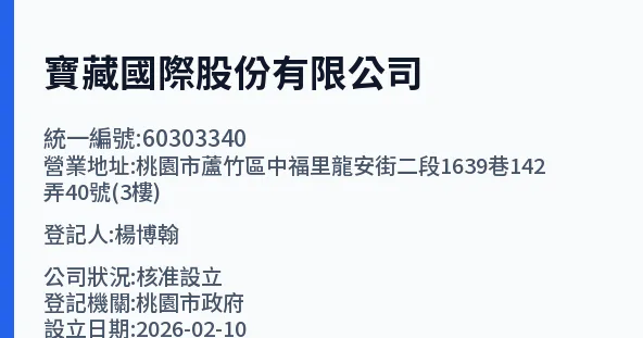 寶藏國際股份有限公司的照片-統編 60303340(桃園市) 公司登記資料與營業項目詳細圖表