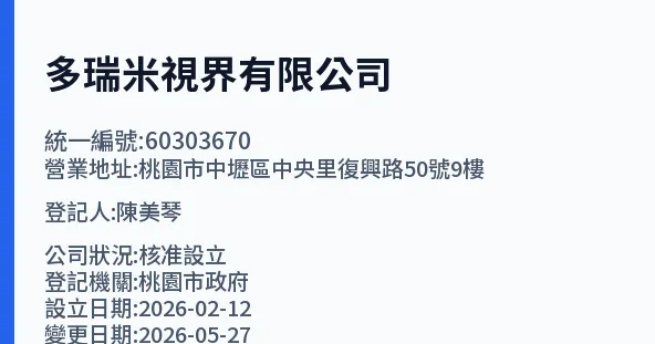 多瑞米視界有限公司的照片-統編 60303670(桃園市) 公司登記資料與營業項目詳細圖表