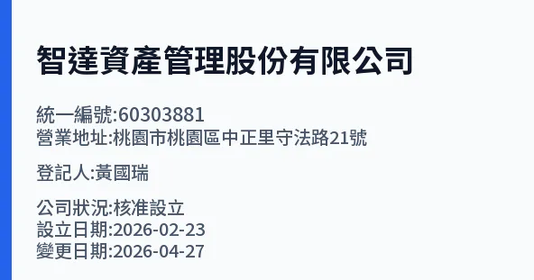 智達資產管理股份有限公司的照片-統編 60303881(桃園市) 公司登記資料與營業項目詳細圖表