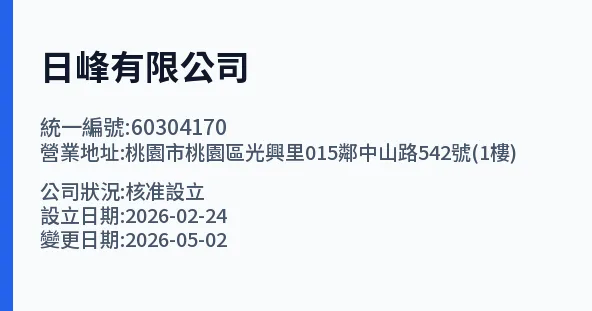 日峰有限公司的照片-統編 60304170(桃園市) 公司登記資料與營業項目詳細圖表