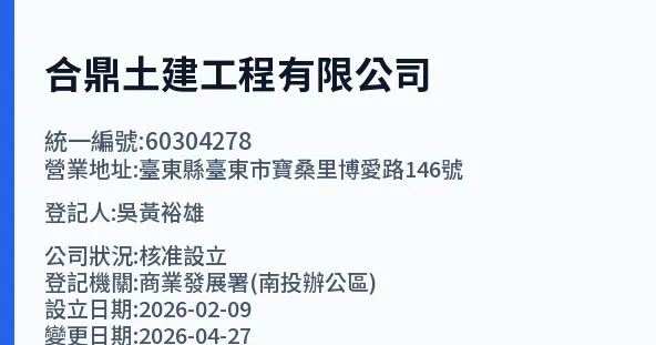 合鼎土建工程有限公司的照片-統編 60304278(臺東縣) 公司登記資料與營業項目詳細圖表