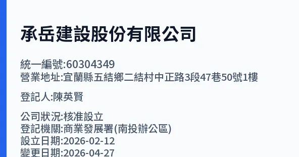 承岳建設股份有限公司的照片-統編 60304349(宜蘭縣) 公司登記資料與營業項目詳細圖表