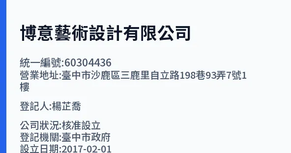 博意藝術設計有限公司的照片-統編 60304436(臺中市) 公司登記資料與營業項目詳細圖表
