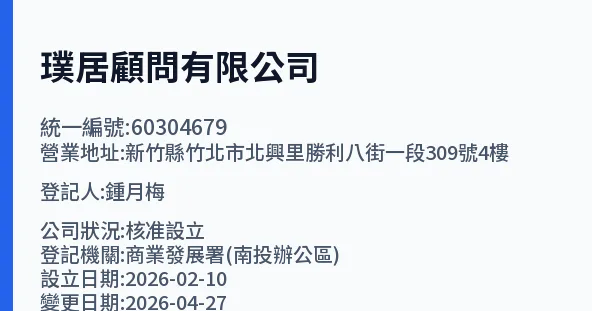 璞居顧問有限公司的照片-統編 60304679(新竹縣) 公司登記資料與營業項目詳細圖表