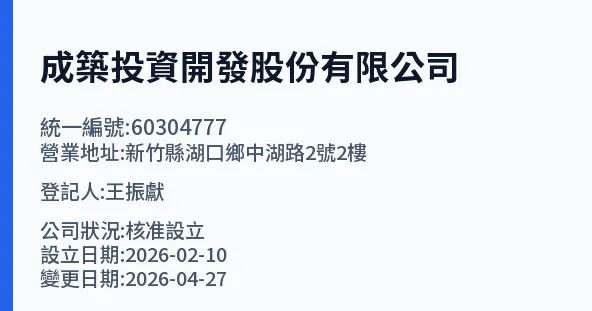 成築投資開發股份有限公司的照片-統編 60304777(新竹縣) 公司登記資料與營業項目詳細圖表