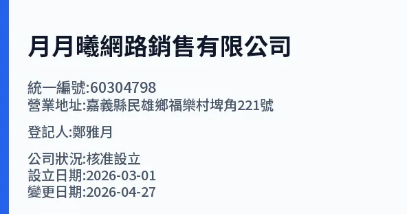 月月曦網路銷售有限公司的照片-統編 60304798(嘉義縣) 公司登記資料與營業項目詳細圖表