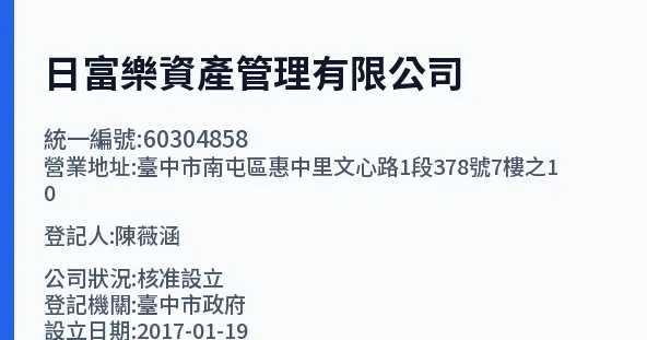 日富樂資產管理有限公司的照片-統編 60304858(臺中市) 公司登記資料與營業項目詳細圖表