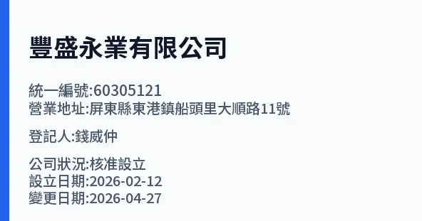 豐盛永業有限公司的照片-統編 60305121(屏東縣) 公司登記資料與營業項目詳細圖表