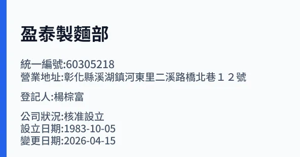 盈泰製麵部的照片-統編 60305218(彰化縣) 公司登記資料與營業項目詳細圖表