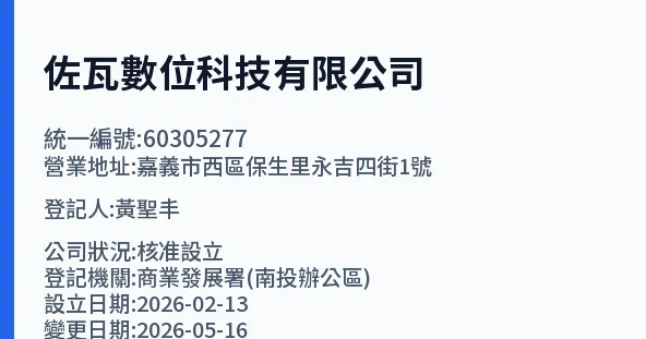 佐瓦數位科技有限公司的照片-統編 60305277(嘉義市) 公司登記資料與營業項目詳細圖表