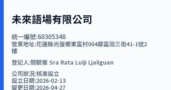 未來語場有限公司的照片-統編 60305348(花蓮縣) 公司登記資料與營業項目詳細圖表