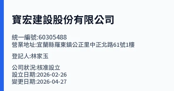 寶宏建設股份有限公司的照片-統編 60305488(宜蘭縣) 公司登記資料與營業項目詳細圖表