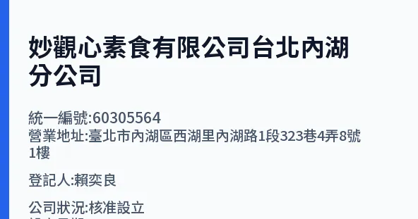 妙觀心素食有限公司台北內湖分公司的照片-統編 60305564(臺北市) 公司登記資料與營業項目詳細圖表