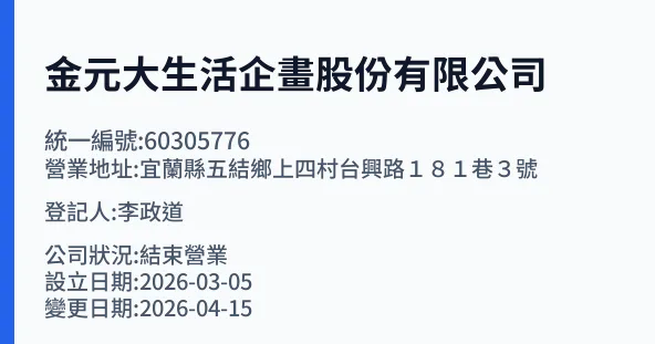 金元大生活企畫股份有限公司的照片-統編 60305776(宜蘭縣) 公司登記資料與營業項目詳細圖表