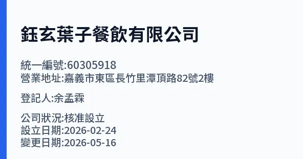 鈺玄葉子餐飲有限公司的照片-統編 60305918(嘉義市) 公司登記資料與營業項目詳細圖表
