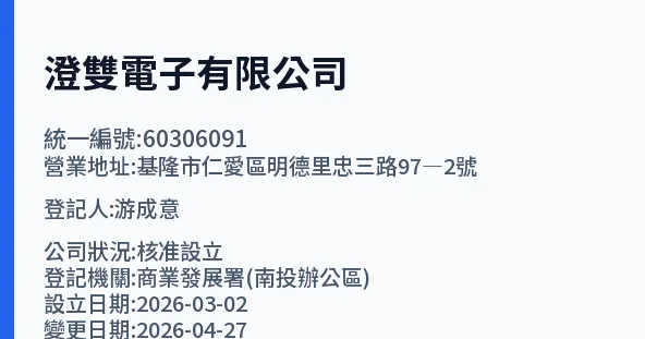 澄雙電子有限公司的照片-統編 60306091(基隆市) 公司登記資料與營業項目詳細圖表