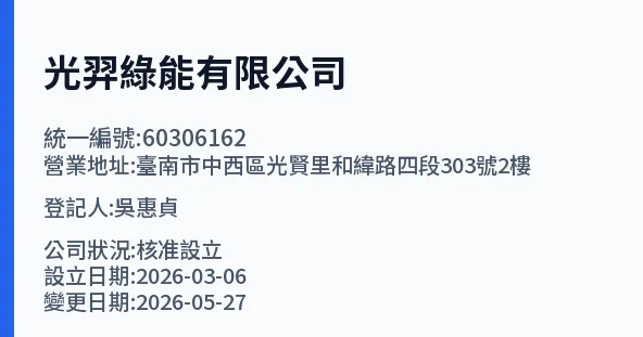 光羿綠能有限公司的照片-統編 60306162(臺南市) 公司登記資料與營業項目詳細圖表