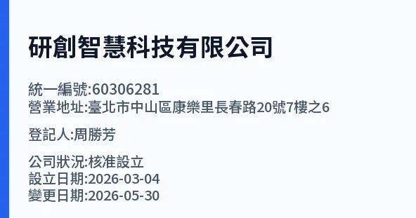 研創智慧科技有限公司的照片-統編 60306281(臺北市) 公司登記資料與營業項目詳細圖表