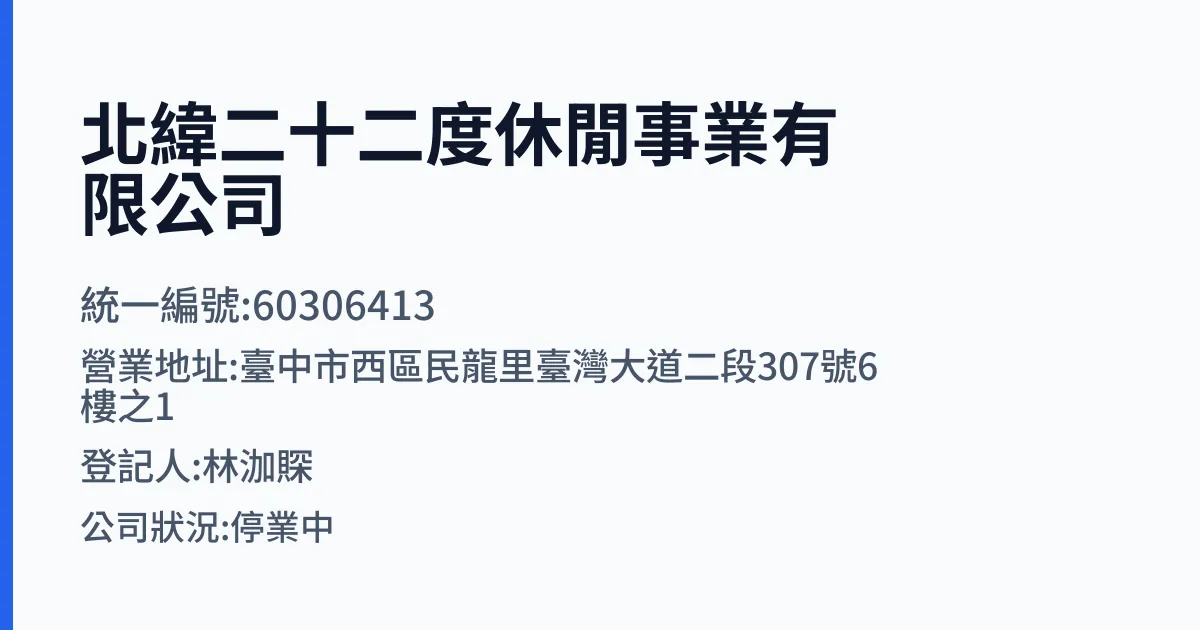 北緯二十二度休閒事業有限公司 - 統編 60306413(臺中市) 公司登記資料與營業項目詳細圖表