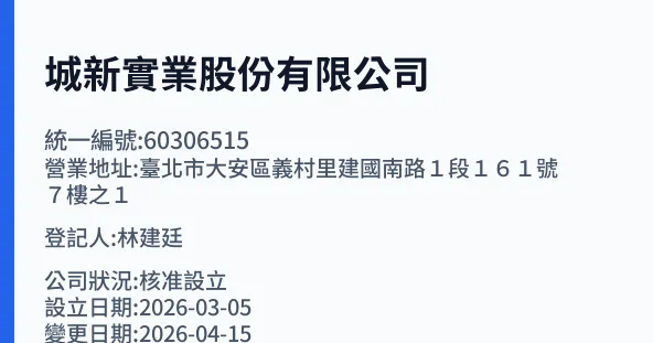 城新實業股份有限公司的照片-統編 60306515(臺北市) 公司登記資料與營業項目詳細圖表