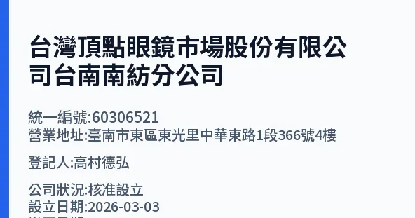 台灣頂點眼鏡市場股份有限公司台南南紡分公司的照片-統編 60306521(臺南市) 公司登記資料與營業項目詳細圖表