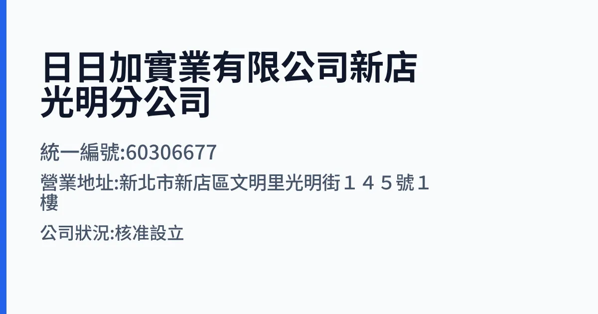 日日加實業有限公司新店光明分公司 - 統編 60306677(新北市) 公司登記資料與營業項目詳細圖表